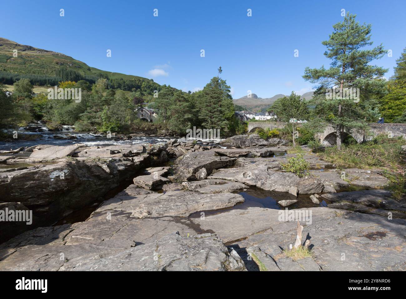 Village of Killin, Scotland. Picturesque view of the Falls of Dochart ...