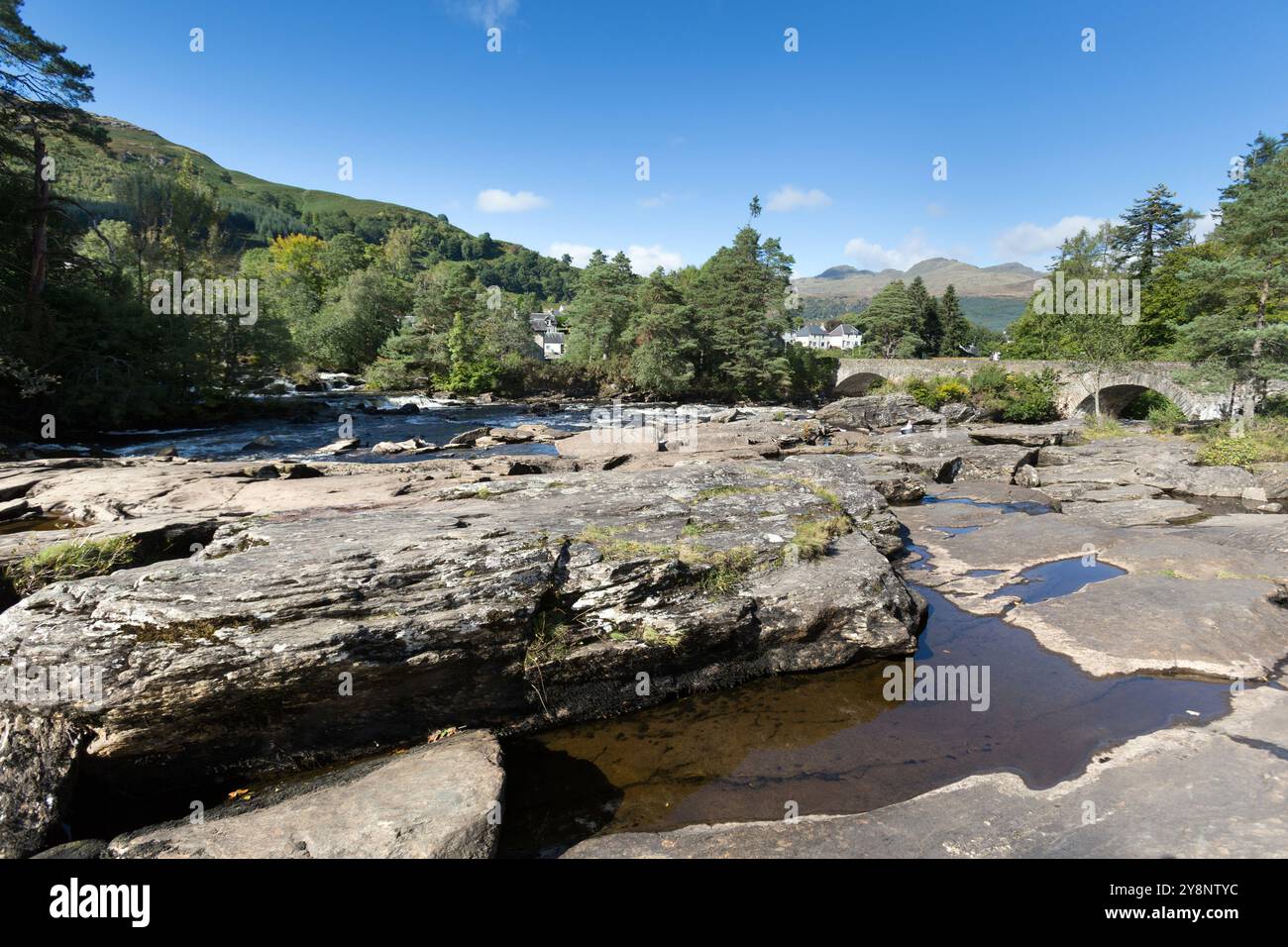 Village of Killin, Scotland. Picturesque view of the Falls of Dochart ...