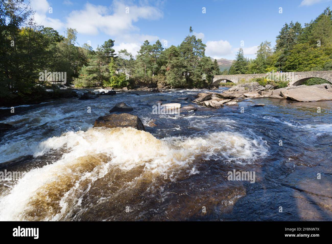 Village of Killin, Scotland. Picturesque view of the Falls of Dochart ...