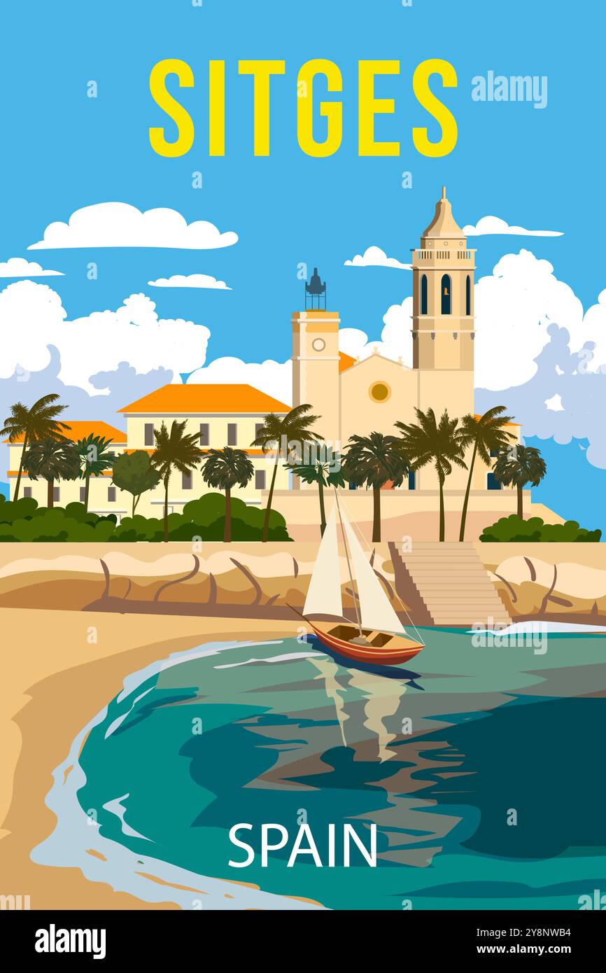 Travel poster Sitges Spain , tropical resort bay view Stock Vector ...