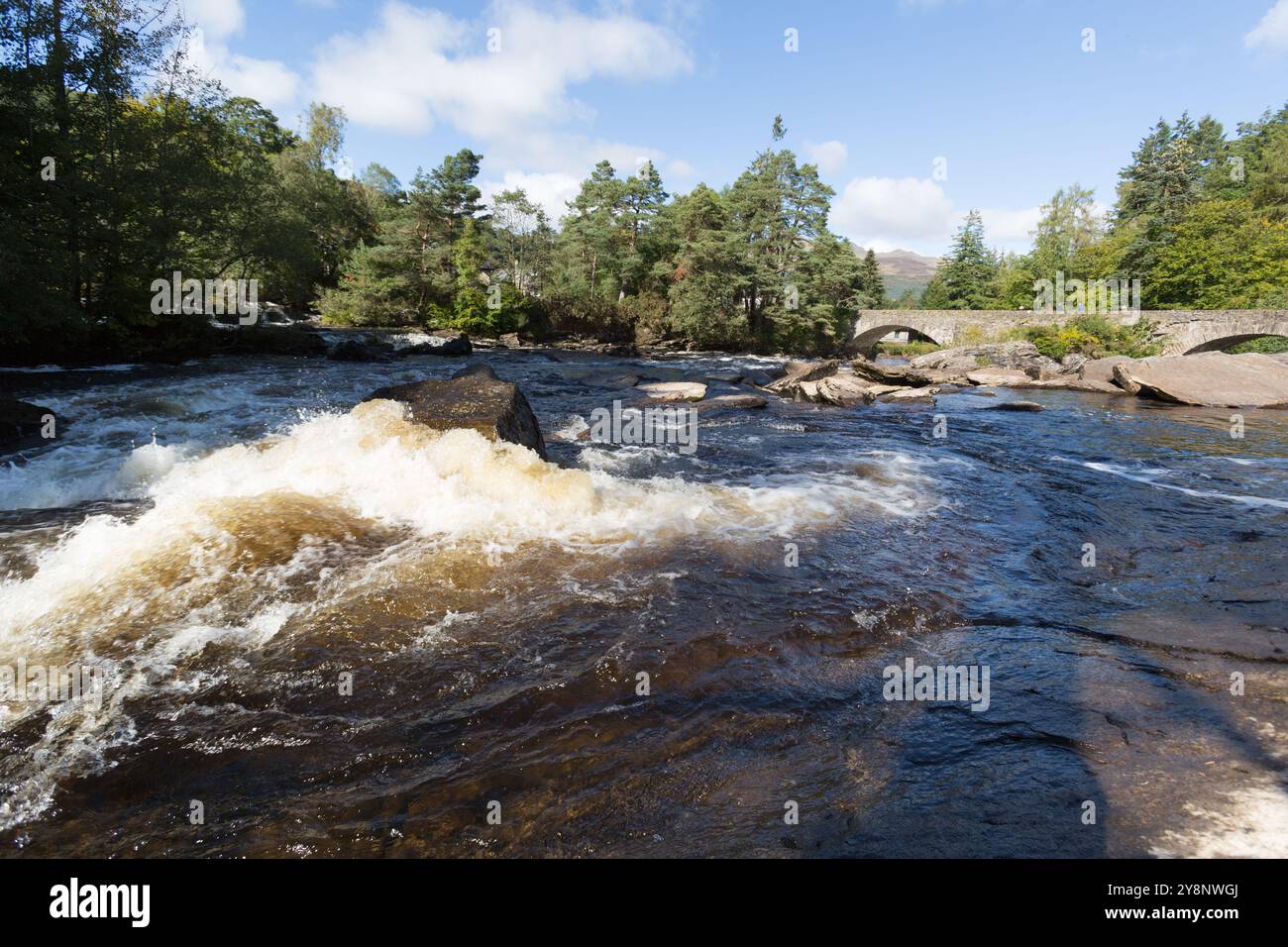 Village of Killin, Scotland. Picturesque view of the Falls of Dochart ...