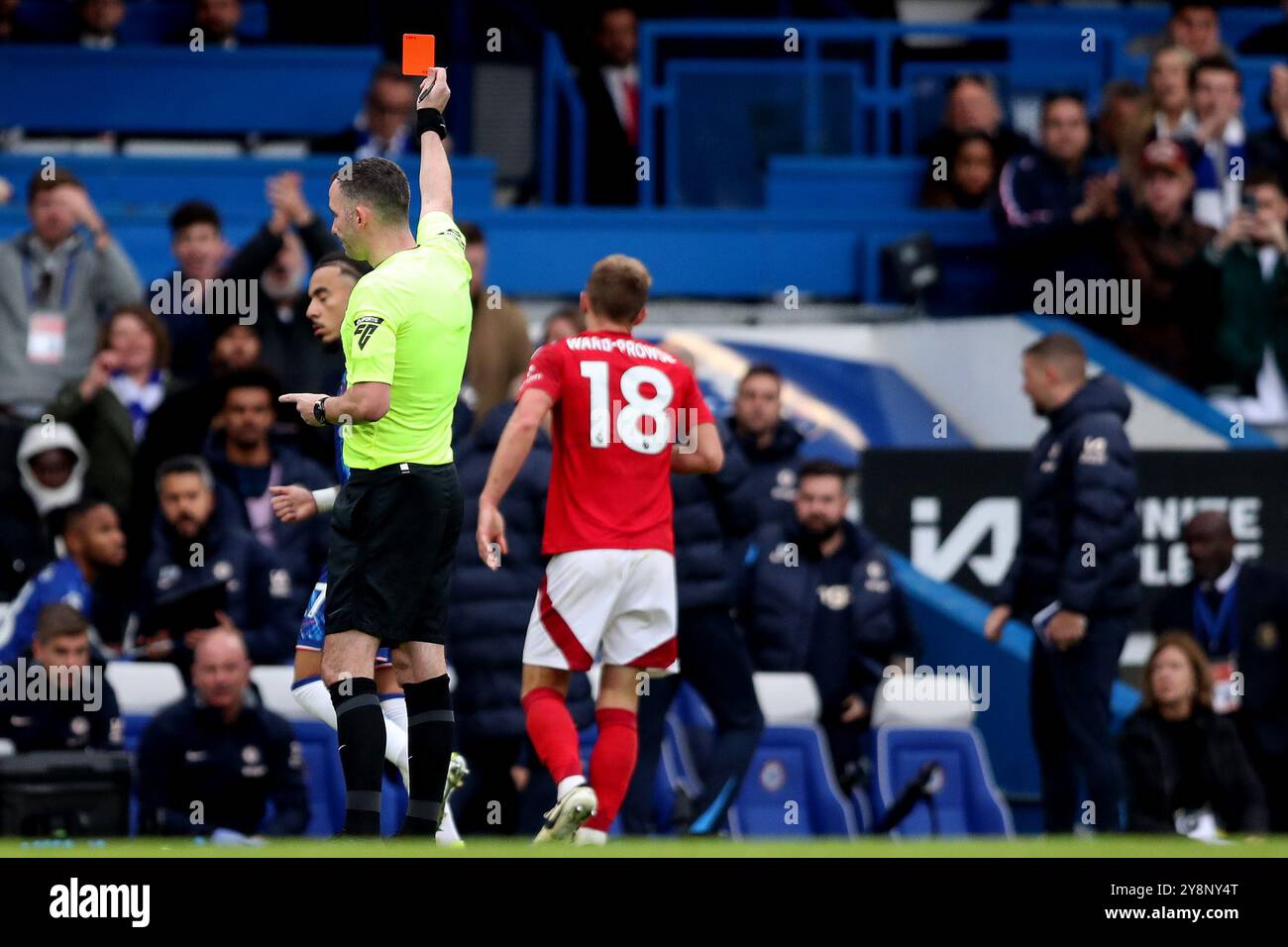 London, UK. 06th Oct, 2024. Nottingham Forest's James Ward-Prowse receives a second yellow card ...