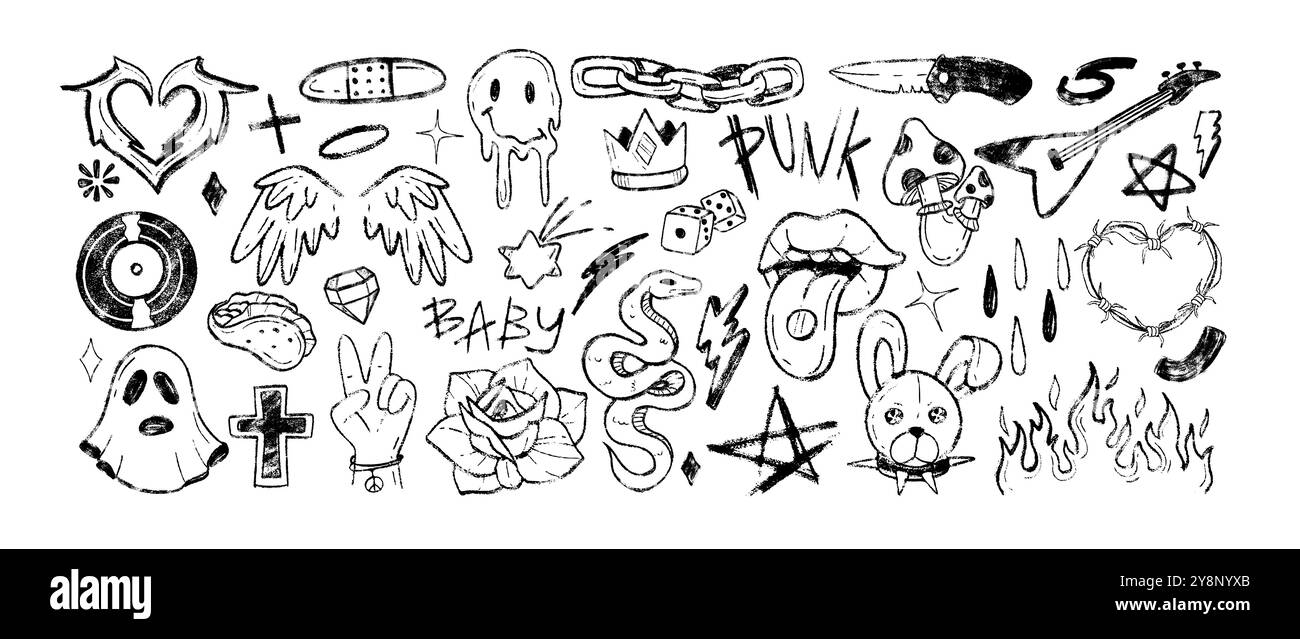 Y2k tattoo sticker, charcoal pencil emo gothic symbol. Grafitti hand ...