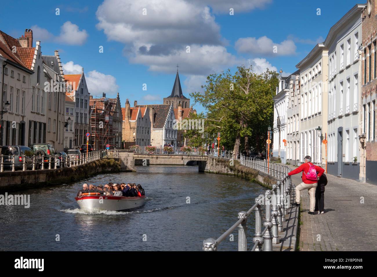 Belgium, Flanders, Bruges, Sint Annarei, canal tourist sightseeing boat ...