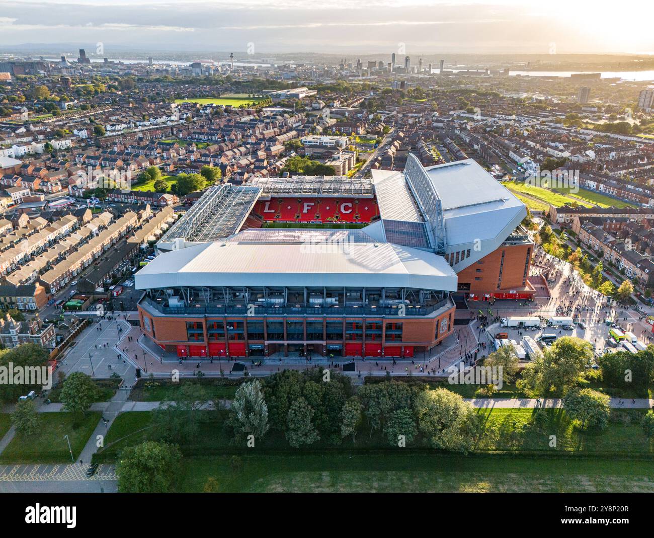Aerial General View above Anfield Stadium, Liverpool at Anfield, Liverpool, England, United ...