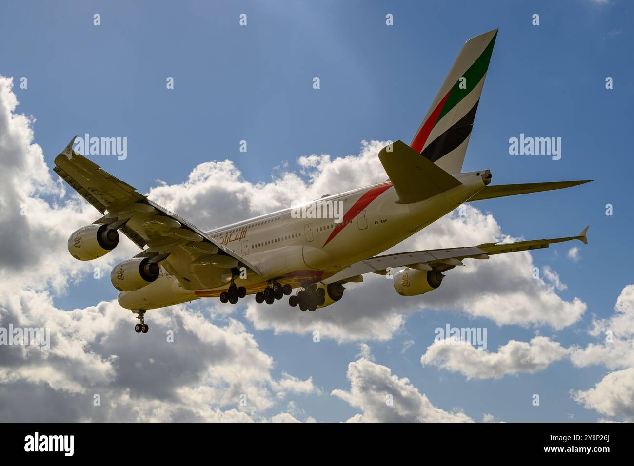 An Emirates Airbus A380-800 on final approach to runway 15, Birmingham ...
