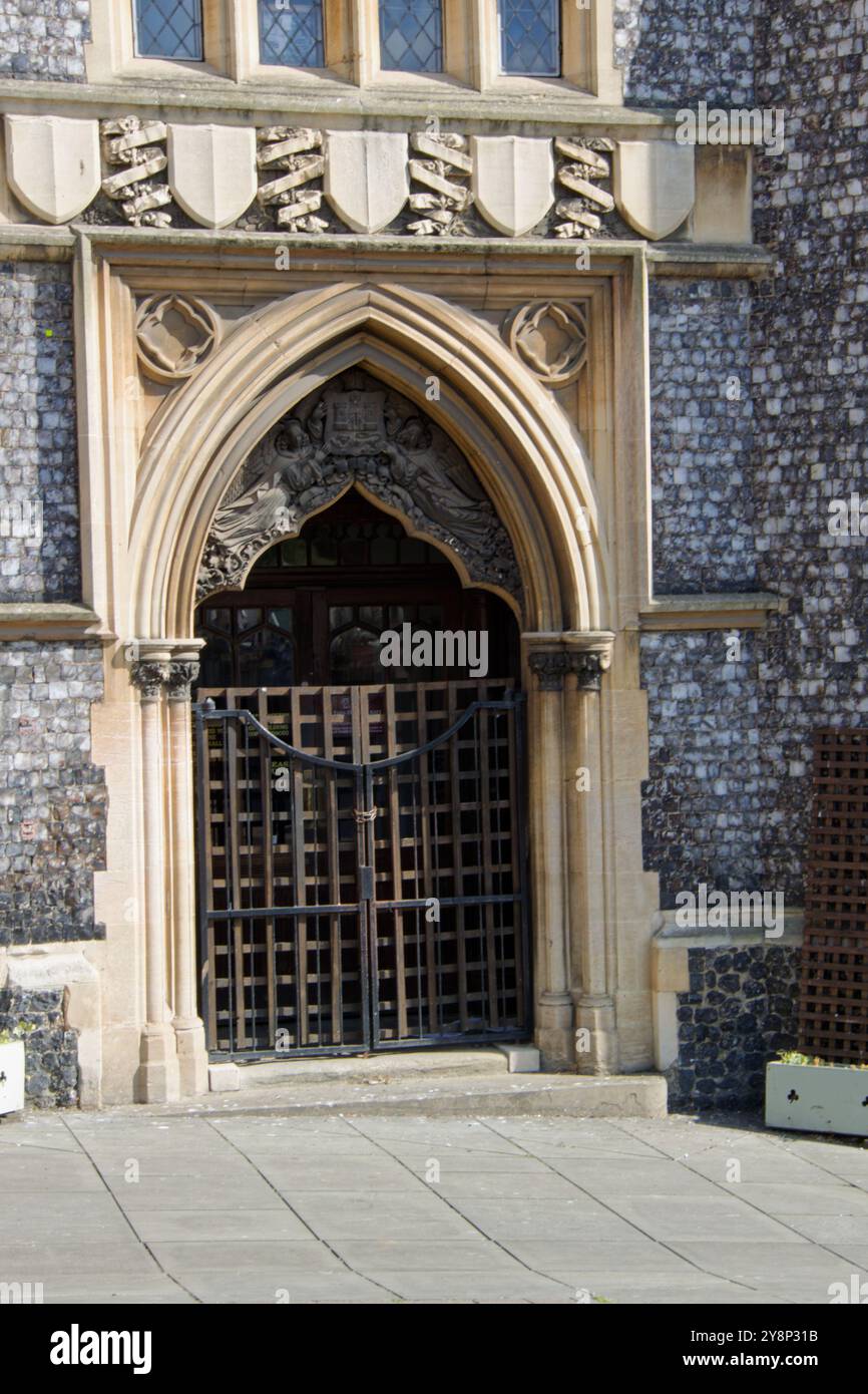Doorway in the knapped flint walls of Norwich Guildhall, Norfolk, UK ...