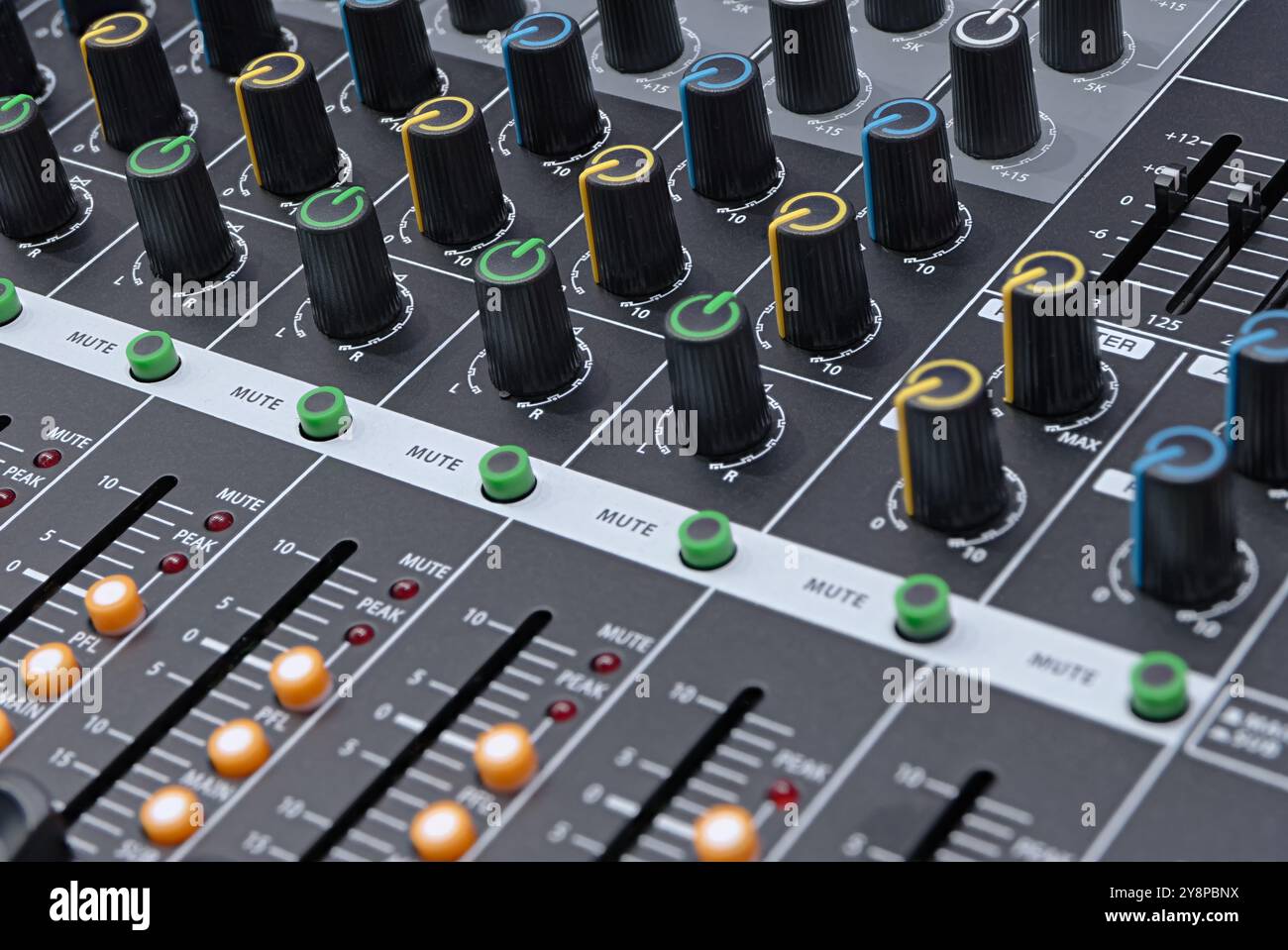 Sound engineer's console, music studio equipment. Close up shot ...