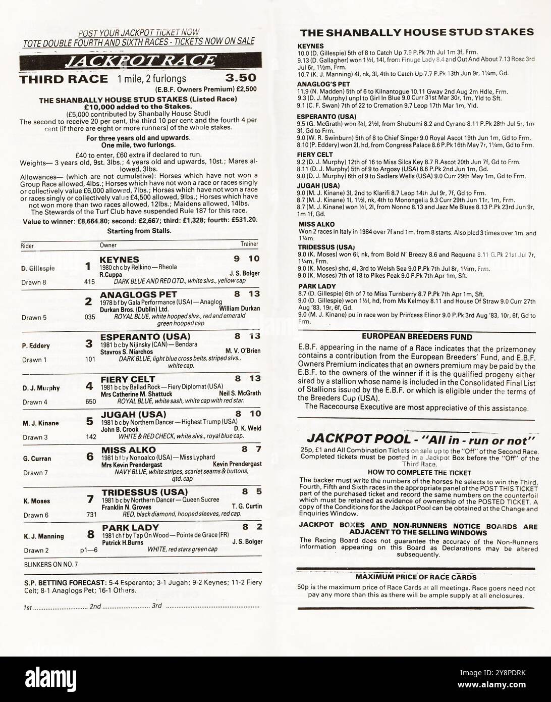 The 3rd race in August 1984, The Shanbally House Stud Stakes with £ ...
