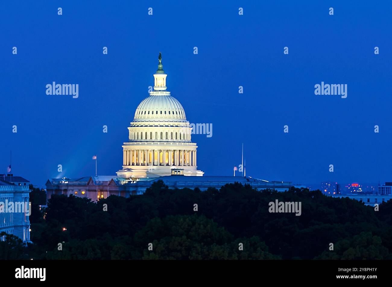 The dome of the United States Capitol building at night, iconic home of ...