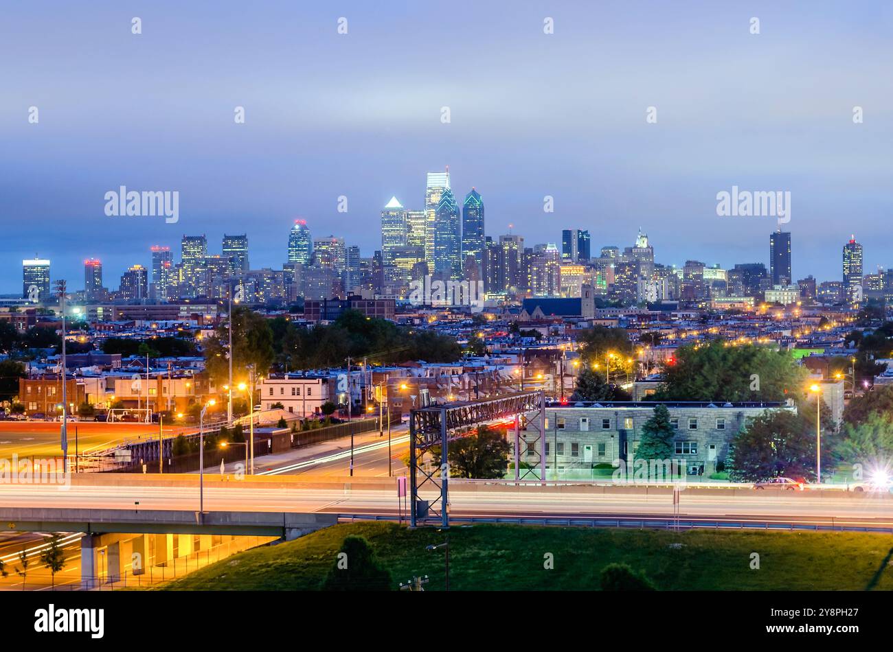 Philadelphia skyline at night as seen from the Stadium District, USA ...
