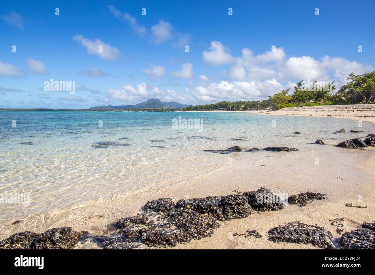 Sunrise over the sea. Sandy beach with lava rocks and beach alternate ...