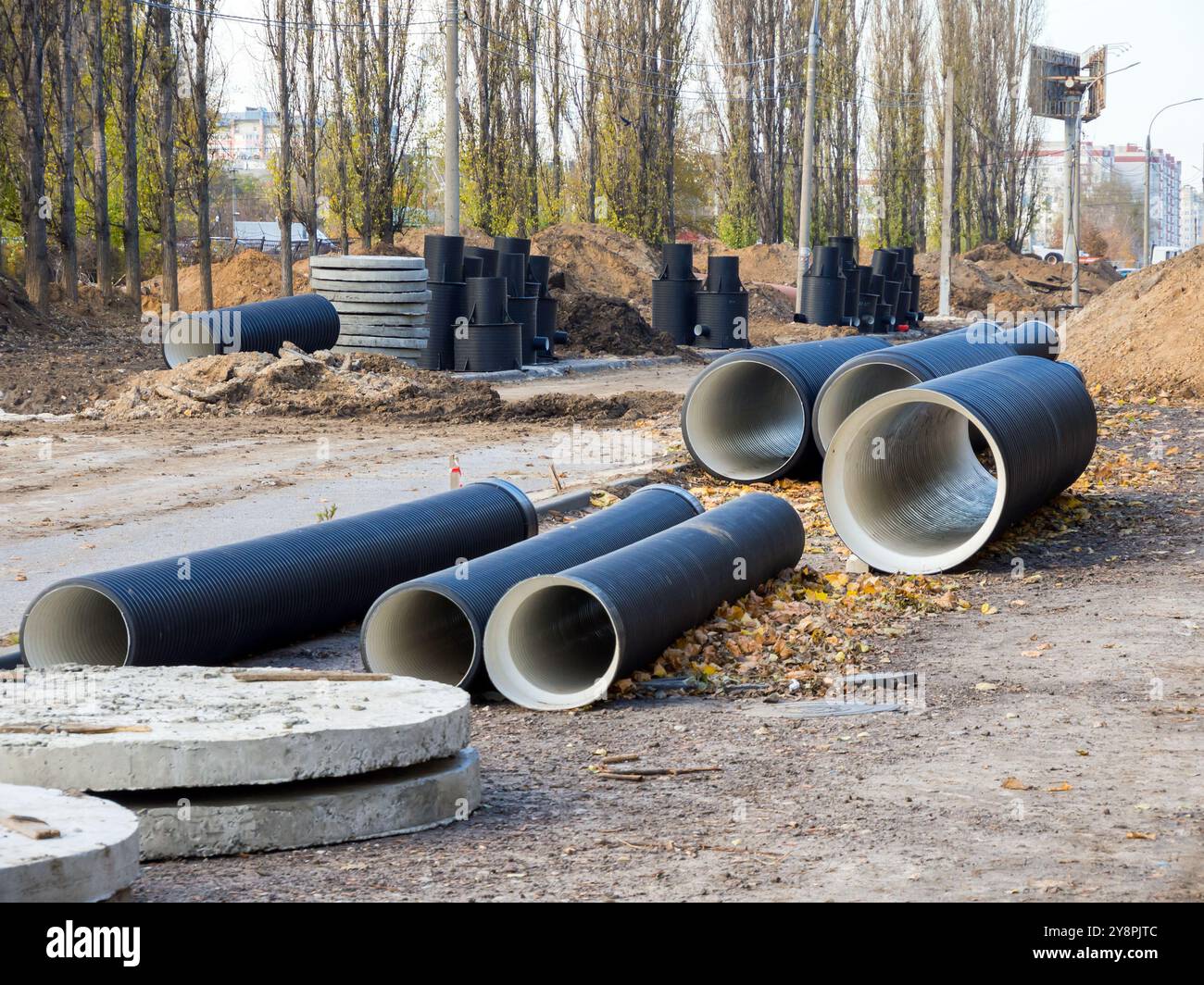 Preparation for laying underground sewer lines Stock Photo - Alamy