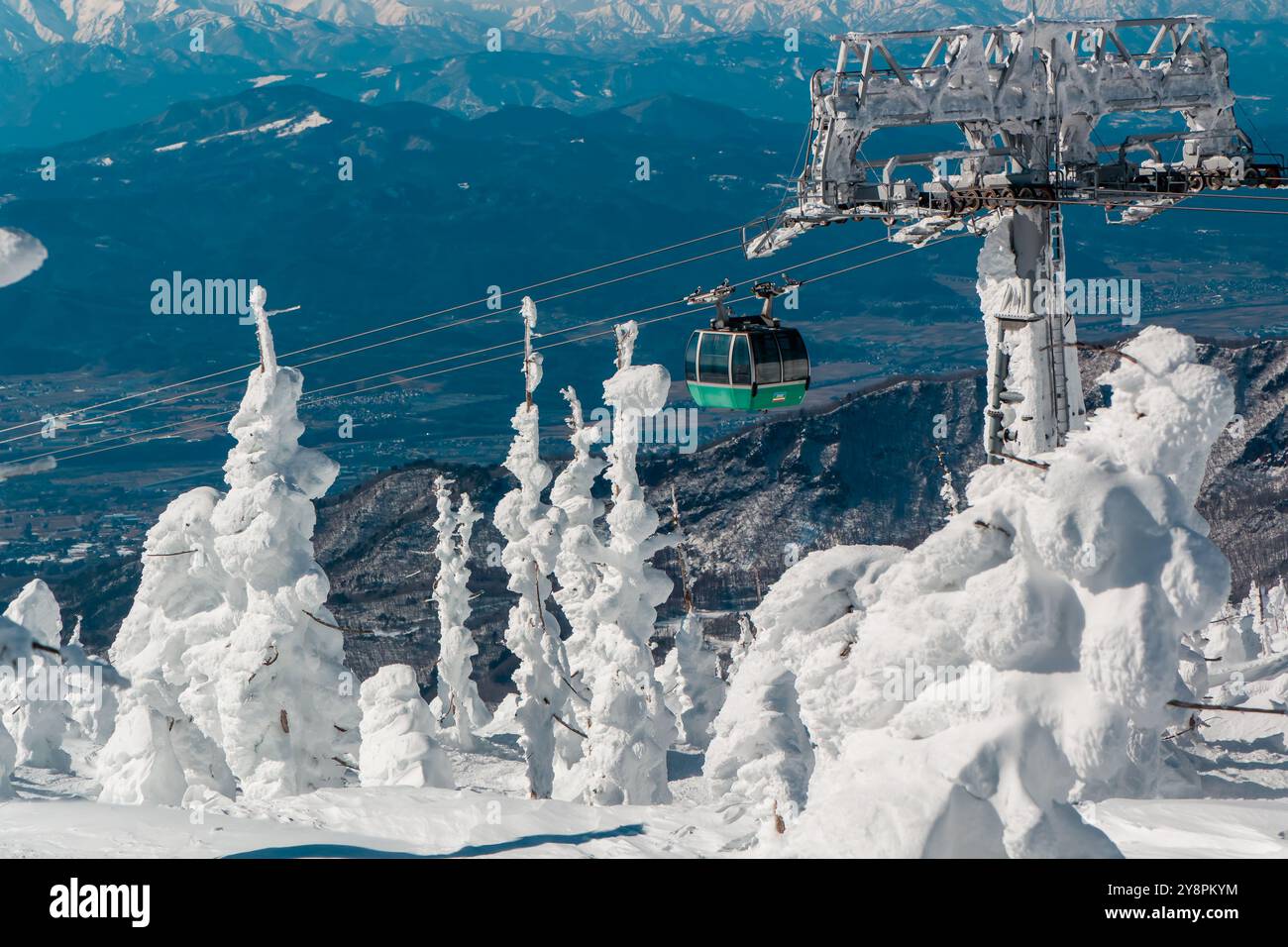 Gondolas running through the frozen "Snow Monsters" on Mount Zao ...