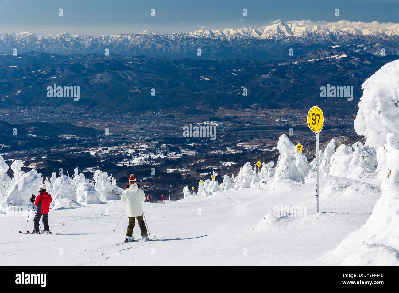Snowboarders and skiers among the Snow Monsters at Zao Onsen, Yamagata ...