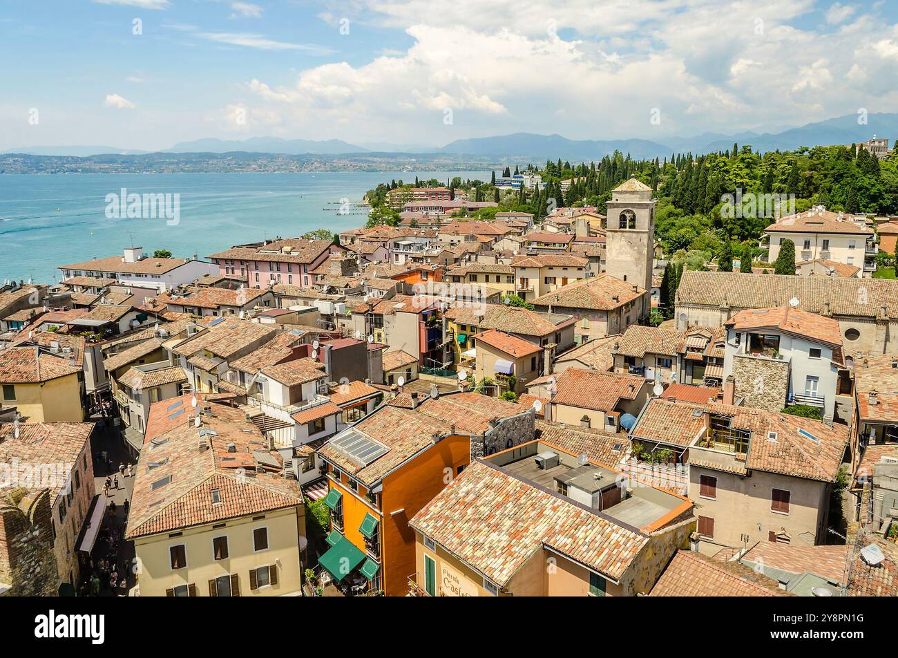 Aerial view of Sirmione from the Scaliger Castle over the Lake Garda ...