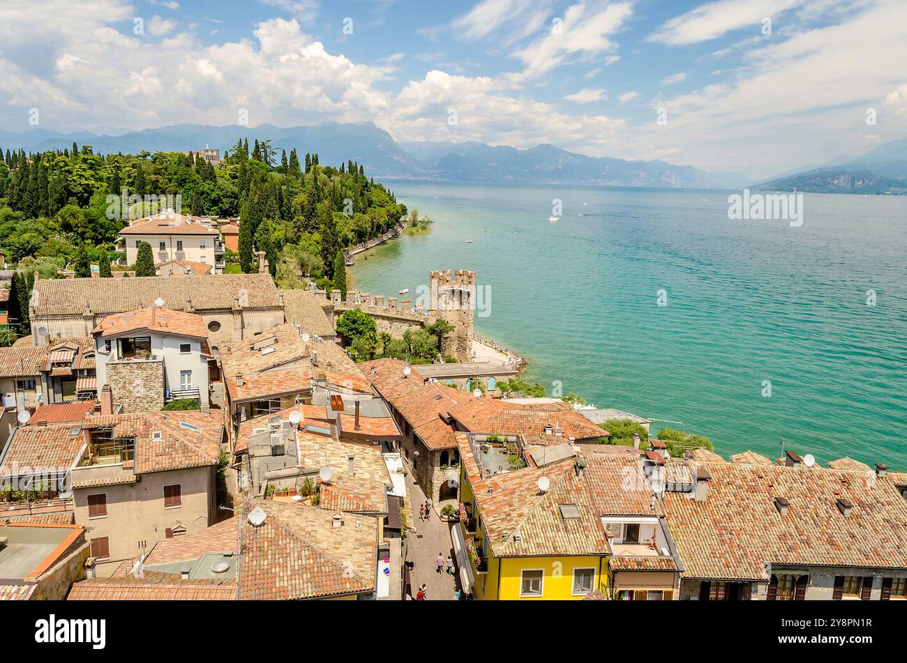 Aerial view of Sirmione from the Scaliger Castle over the Lake Garda ...