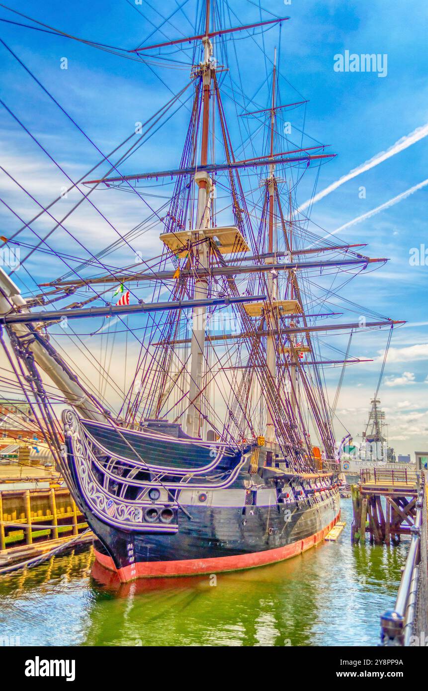 USS Constitution, a wooden-hulled, three-masted heavy frigate of the ...