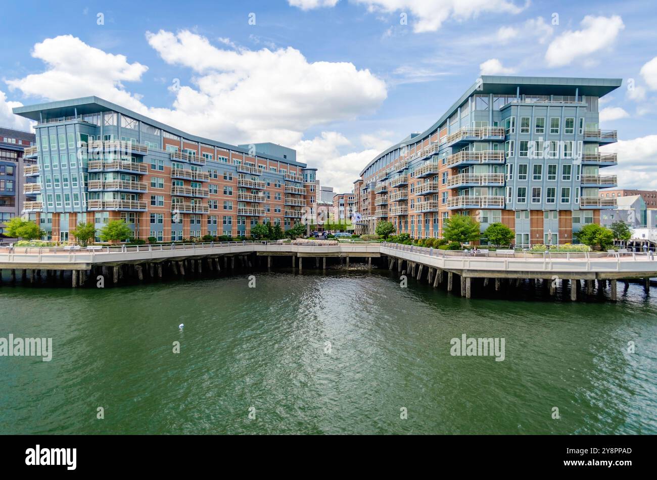 Colorful residential buildings facing the Boston Harbor, USA Stock ...
