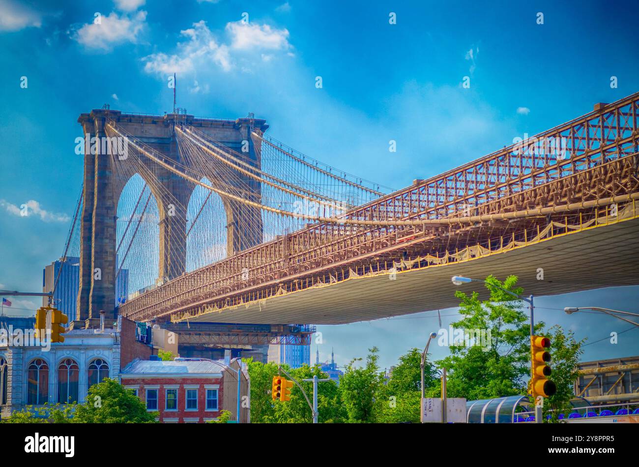 The iconic Brooklyn Bridge, one of the major landmarks in New York City ...