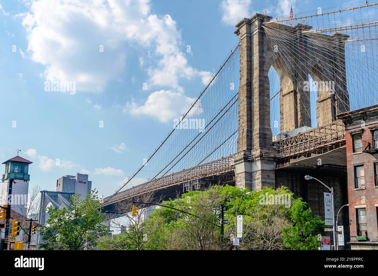 The iconic Brooklyn Bridge, one of the major landmarks in New York City ...