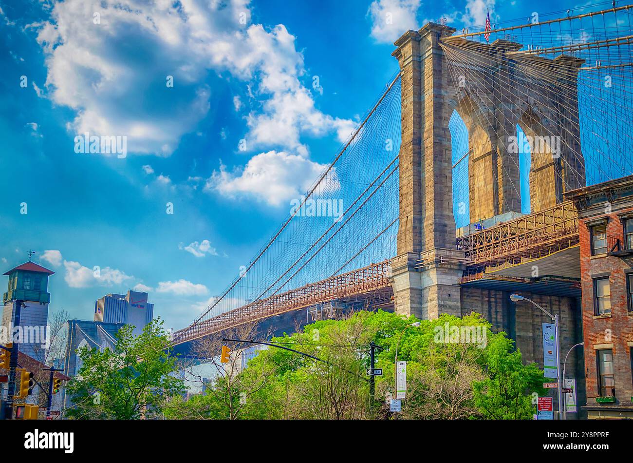 The iconic Brooklyn Bridge, one of the major landmarks in New York City ...