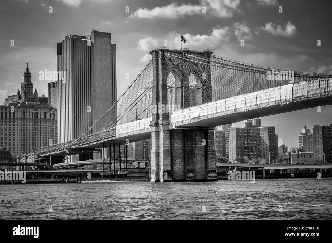 The iconic Brooklyn Bridge, one of the major landmarks in New York City ...