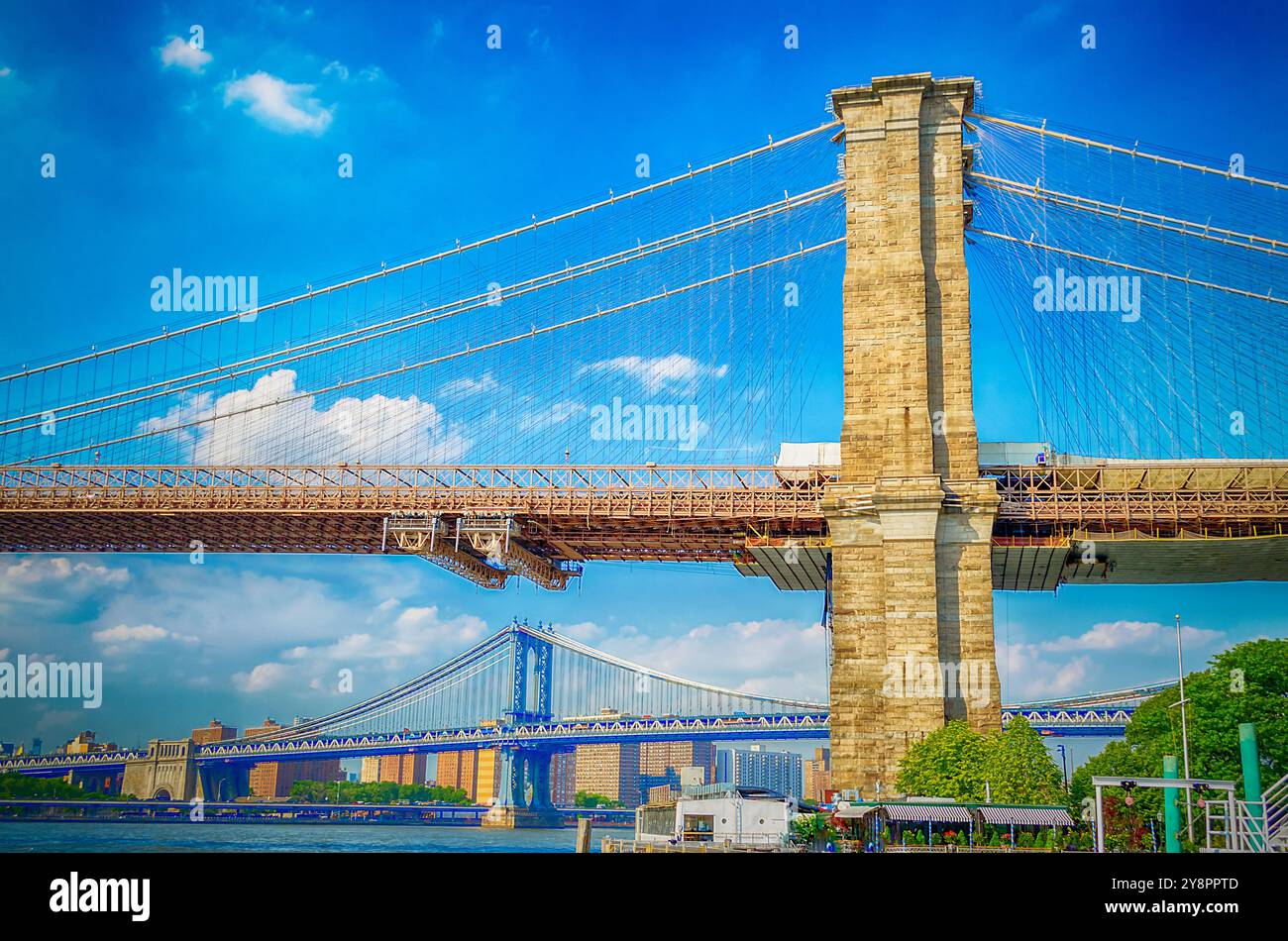 The iconic Brooklyn Bridge, one of the major landmarks in New York City ...