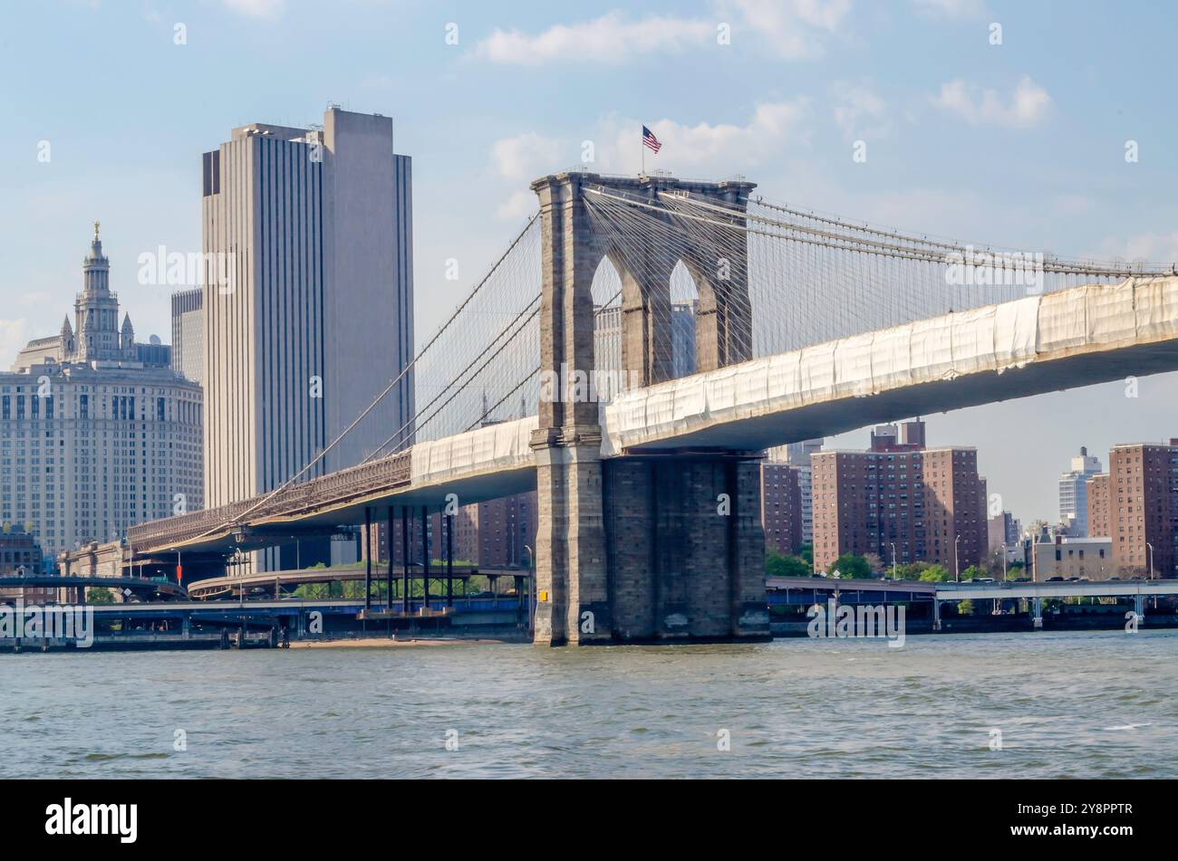 The iconic Brooklyn Bridge, one of the major landmarks in New York City ...