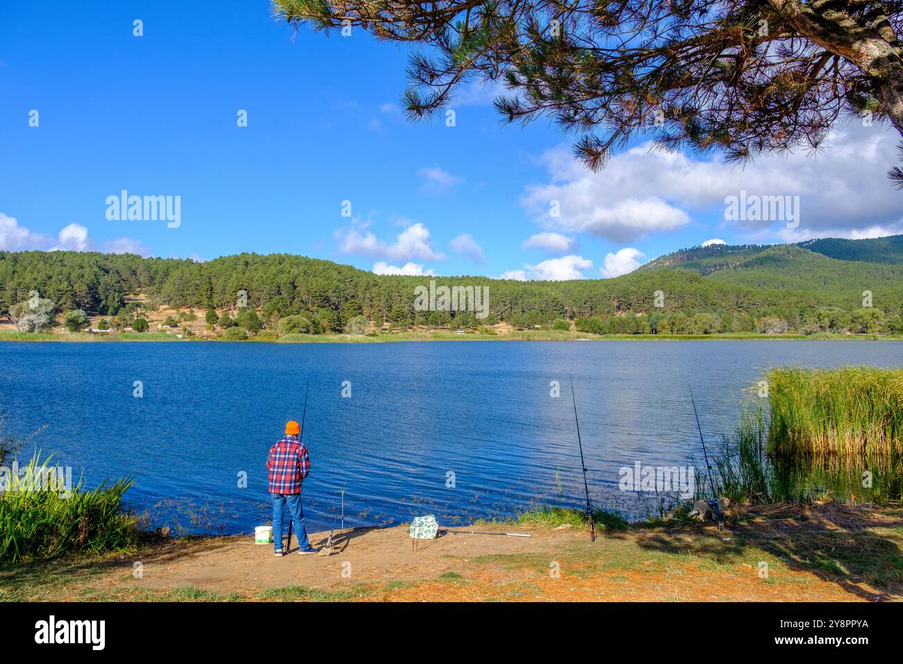 Man relaxing by fishing near the lake in countryside Stock Photo - Alamy