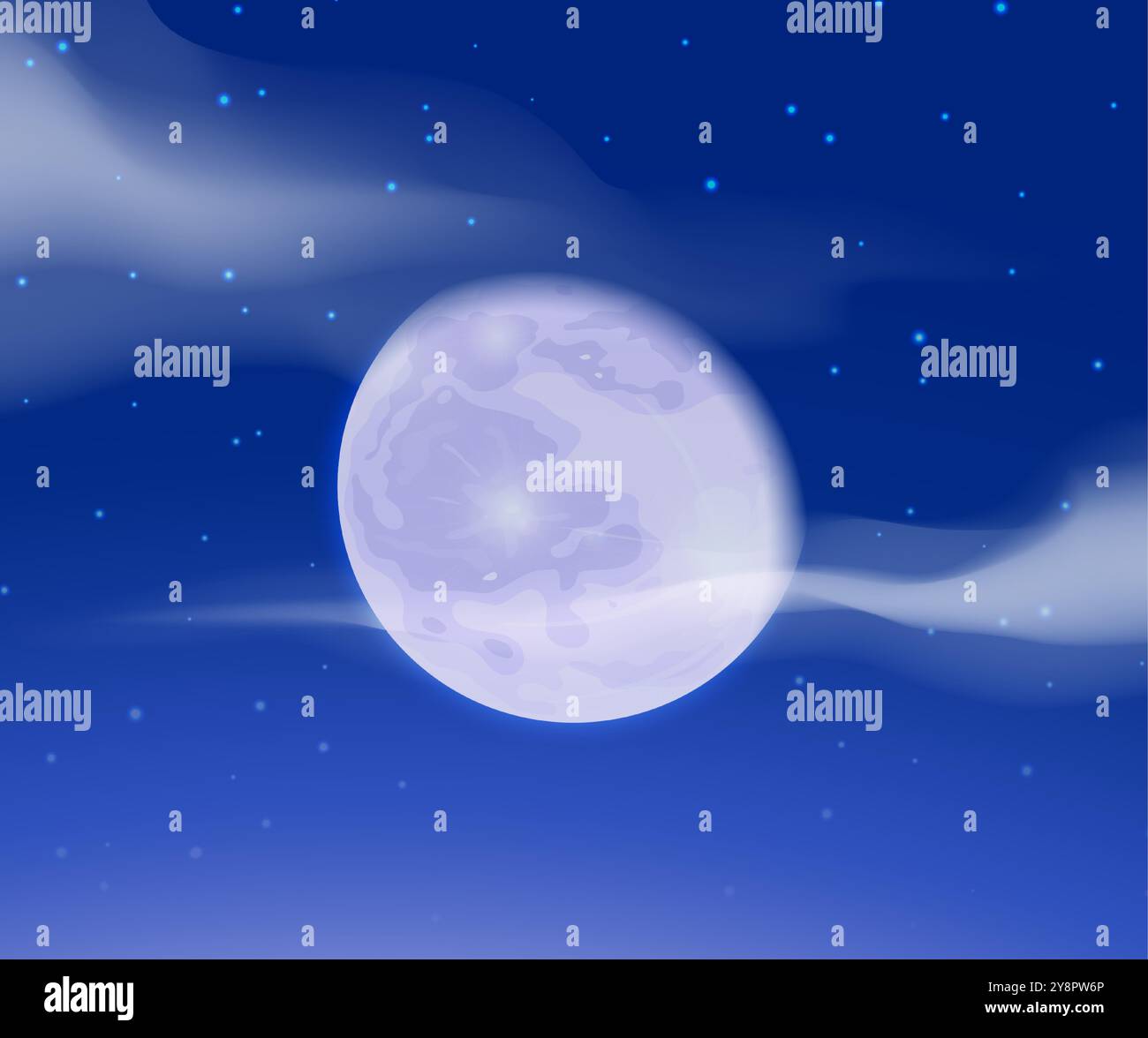 Night blue sky. Full moon and clouds. Starry space. Midnight cloudscape ...