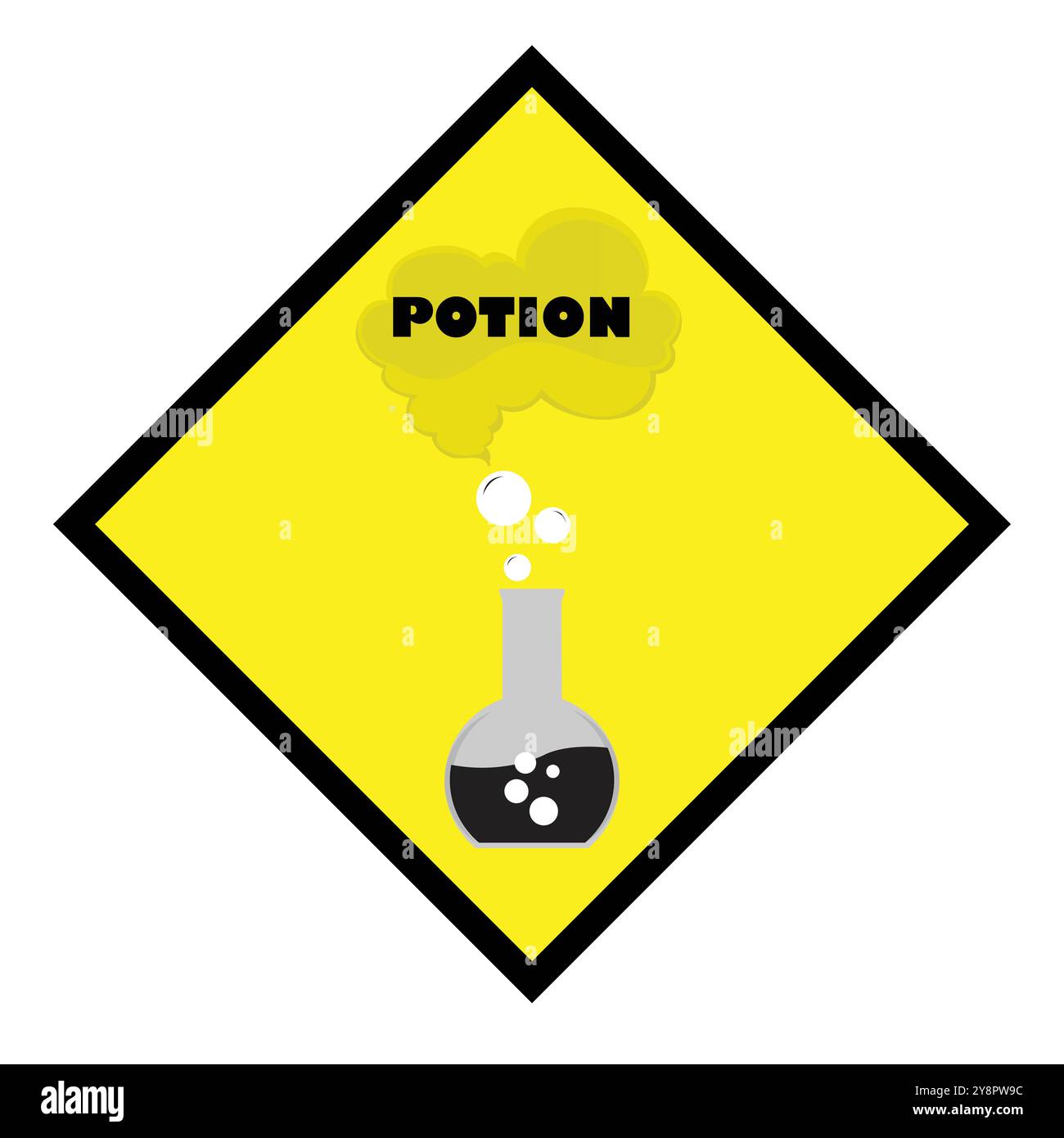 Yellow sticker with the silhouette of a chemistry bottle and the word ...