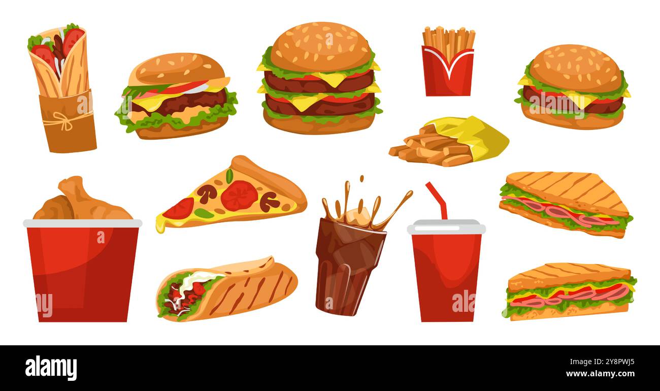 Fast food. Burger, pizza and sandwich. Tasty burrito and chicken ...
