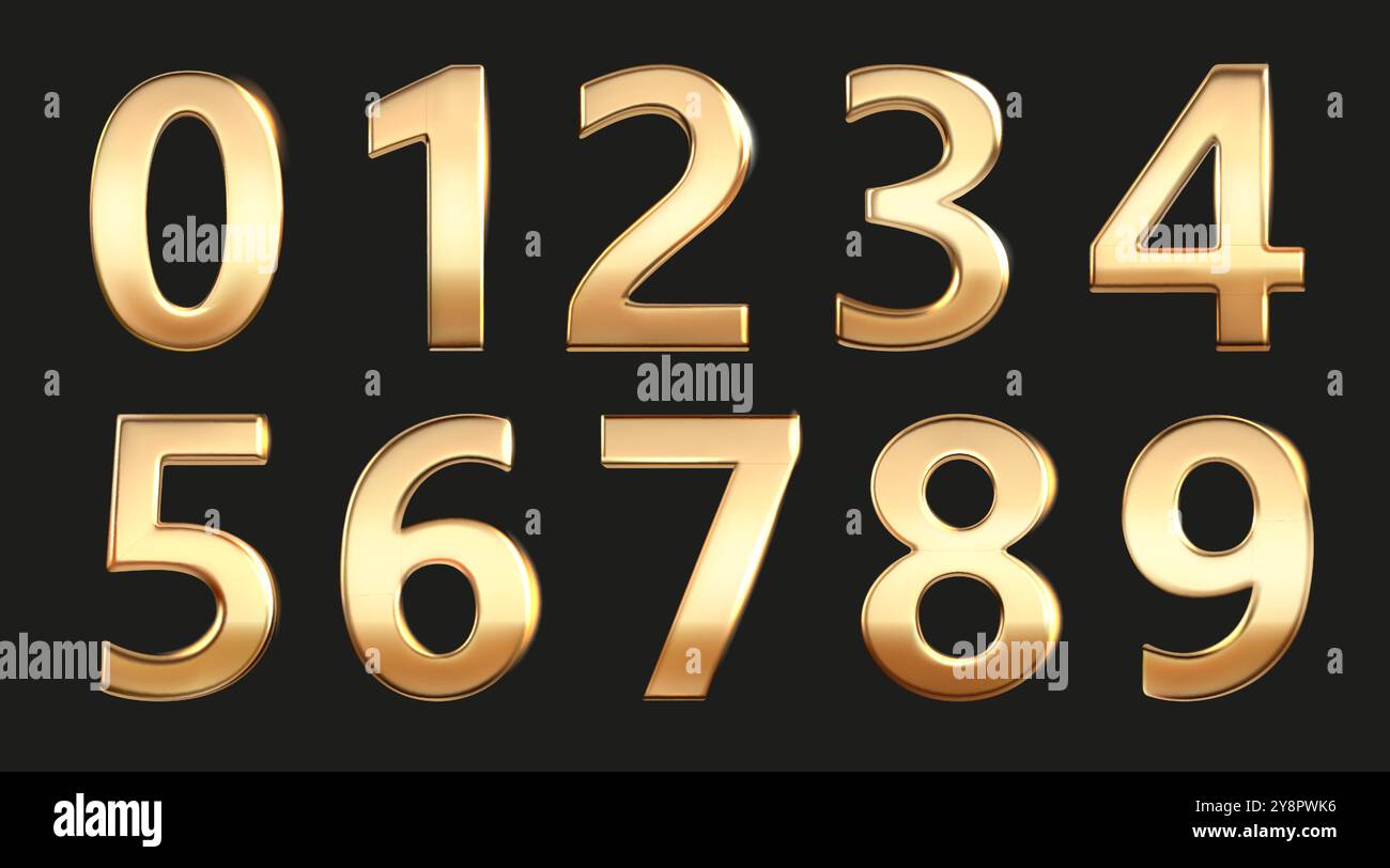 Gold numbers. 3D golden font for anniversary. Metal letter design ...