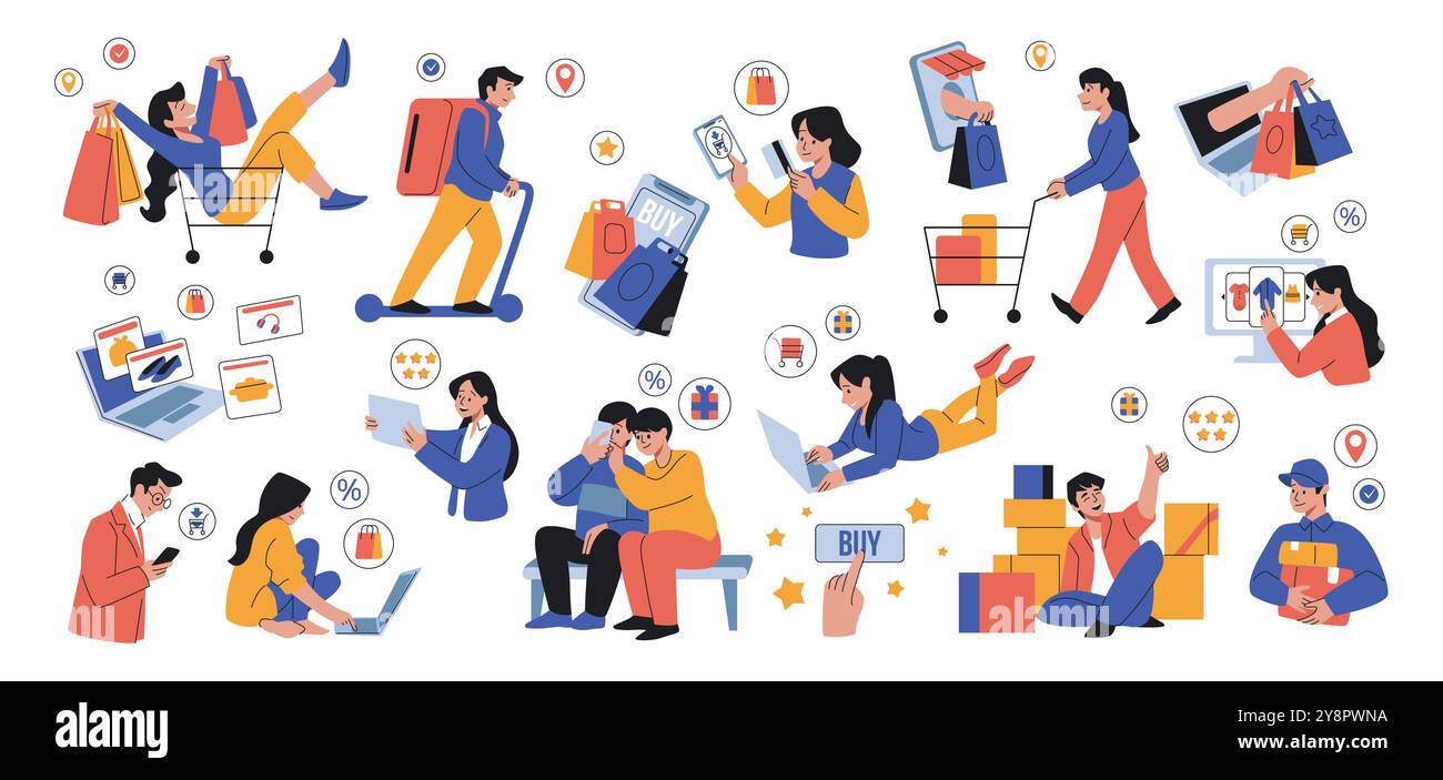 Online shopping. Doodle people characters, happy customer persons with ...