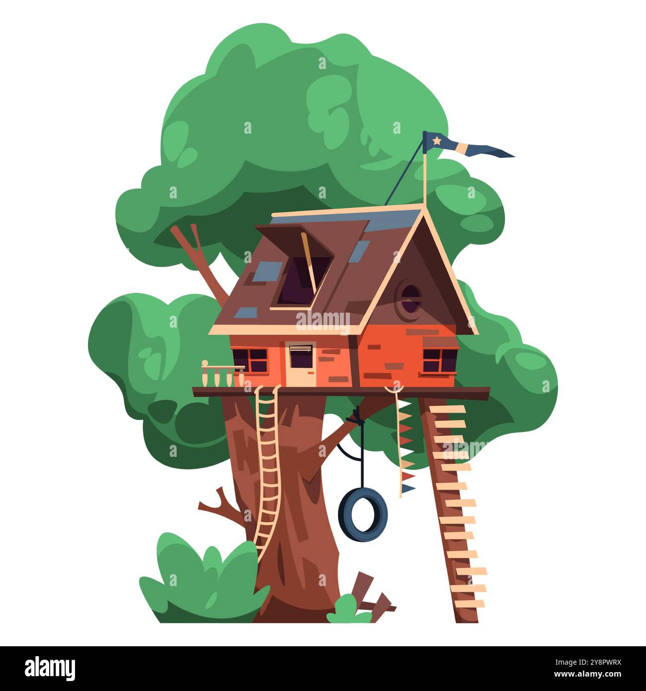 Children tree house. Kids playing construction. Cabin with rope or wooden ladders. Tire swing ...