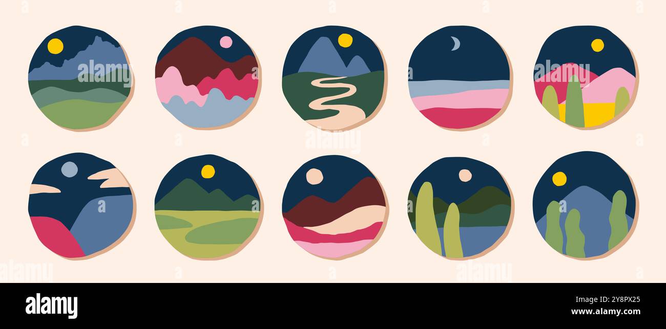 Abstract mountains. Hill icons, nature adventure background with ...
