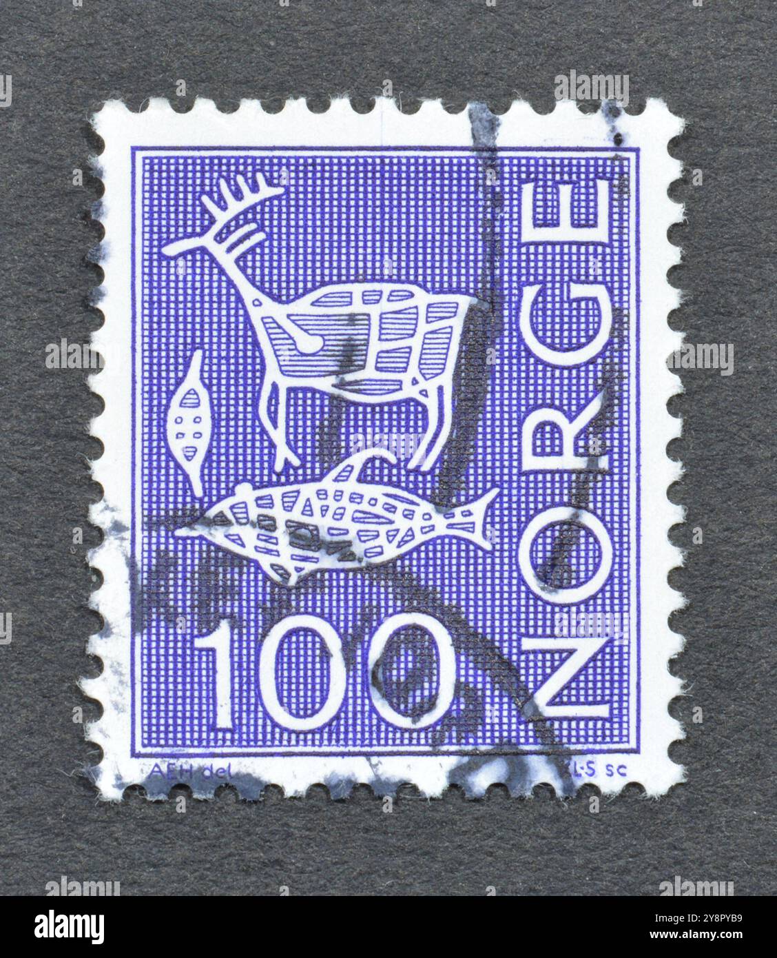 Cancelled postage stamp printed by Norway, that shows Ancient rock ...