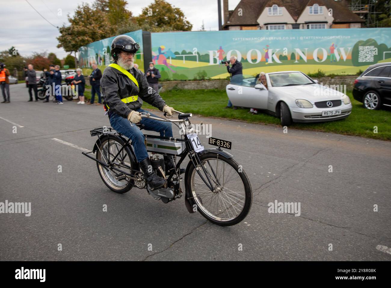 Epsom, UK. 06th Oct, 2024. A veteran motorcycle on a public street ...