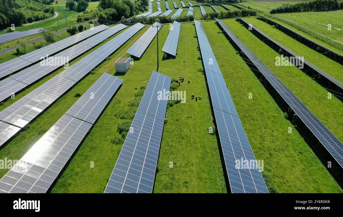 This stunning aerial view captures an expansive solar field, showcasing ...