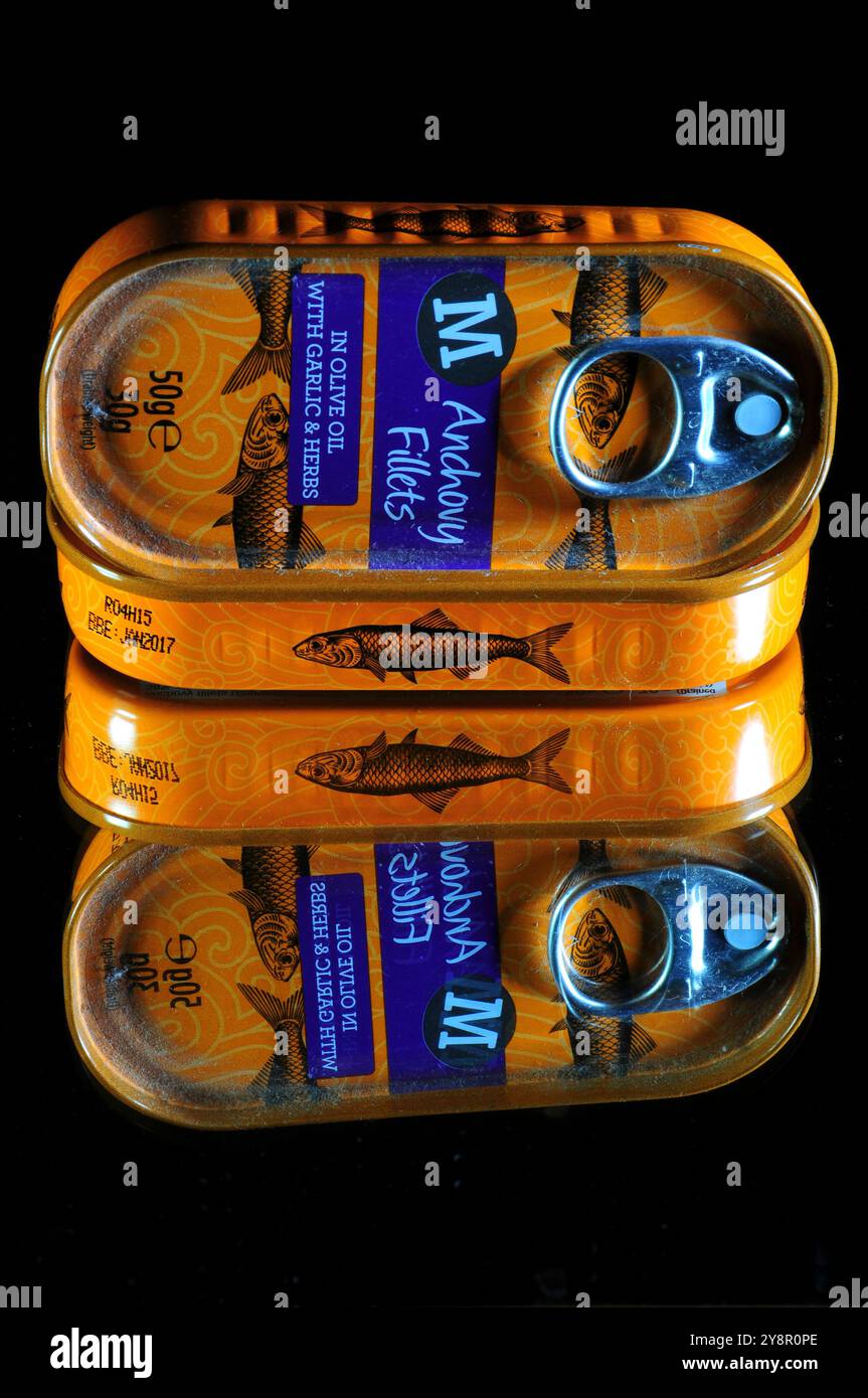 Anchovy fillets tin reflected in shiny surface Stock Photo - Alamy