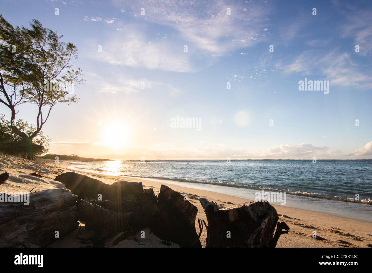 Sunrise over the sea. Sandy beach with lava rocks and beach alternate ...