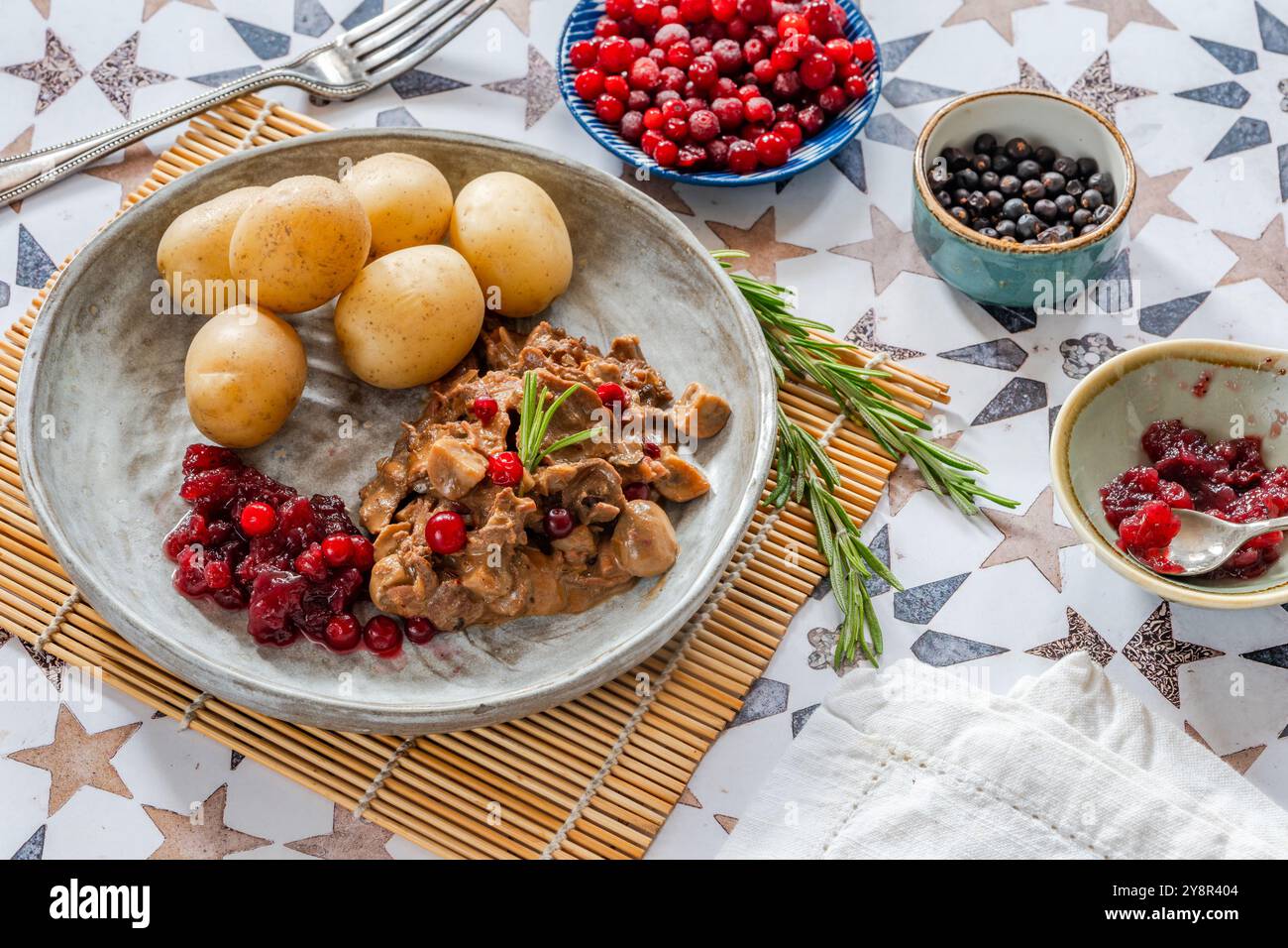 Traditional Norwegian reindeer stew with lingonberries and boiled ...