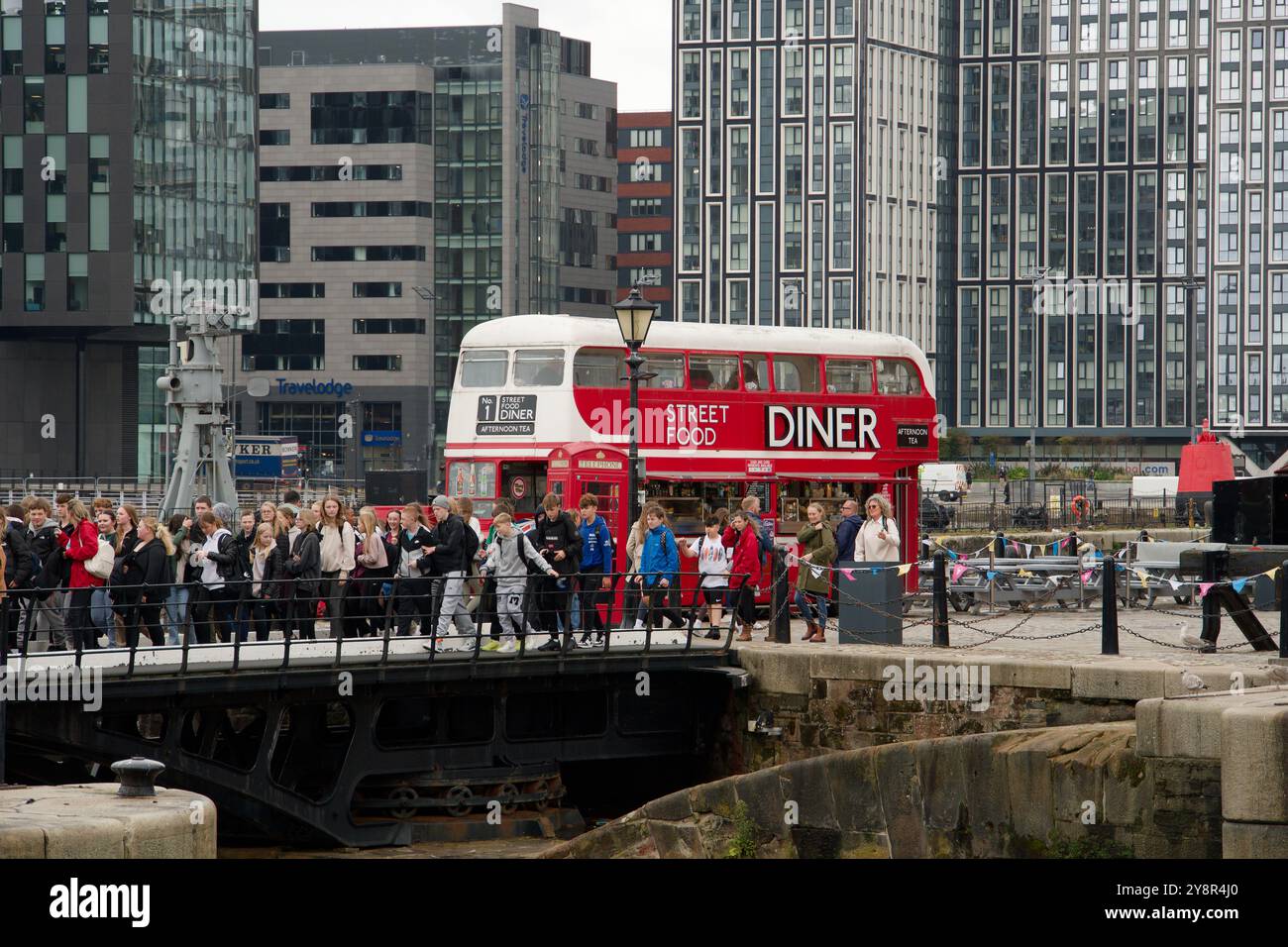 Red double decker bus turned into a diner at Albert Docks, Liverpool ...