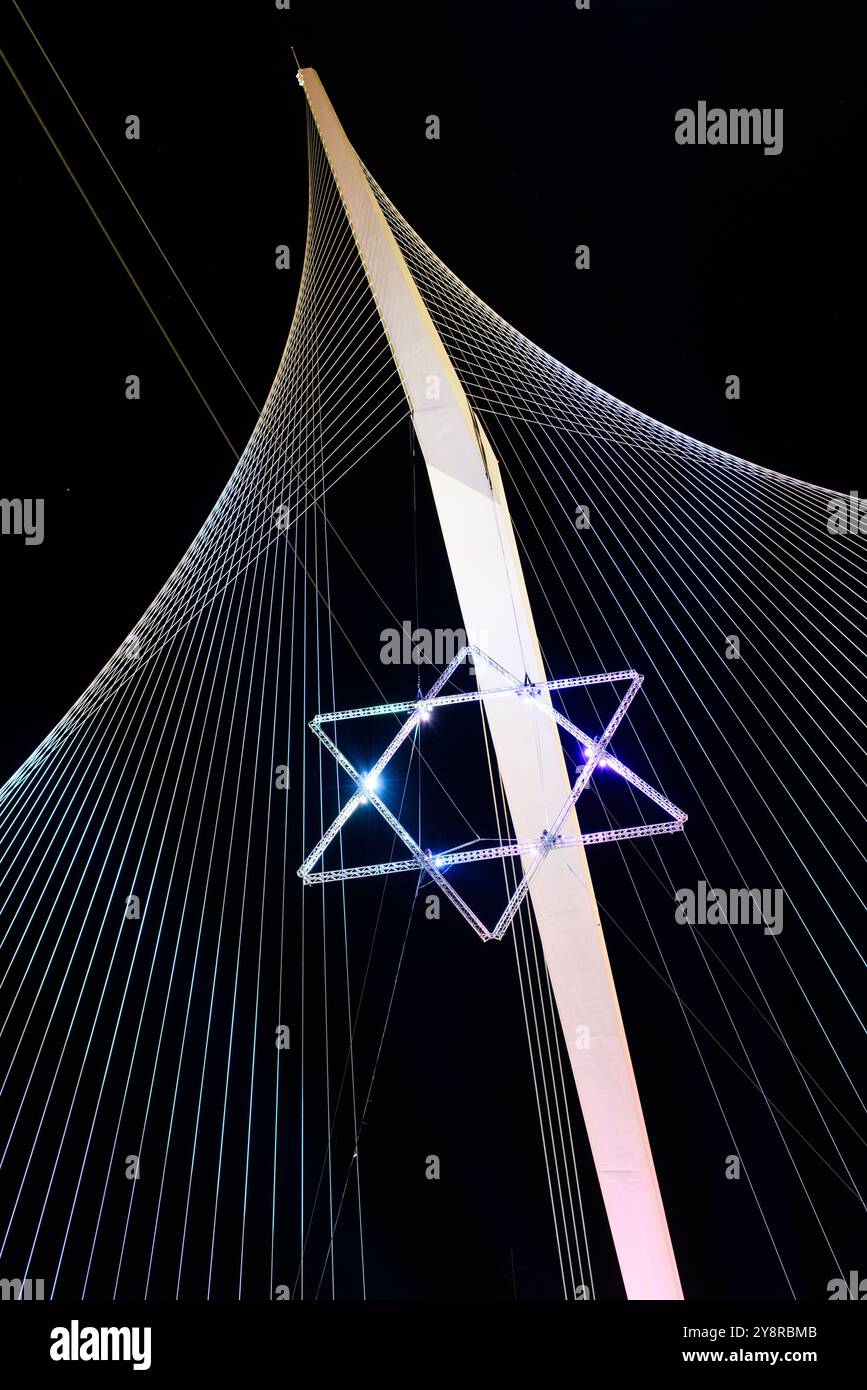 The landmark Bridge of Strings in Jerusalem illuminated at night with a ...