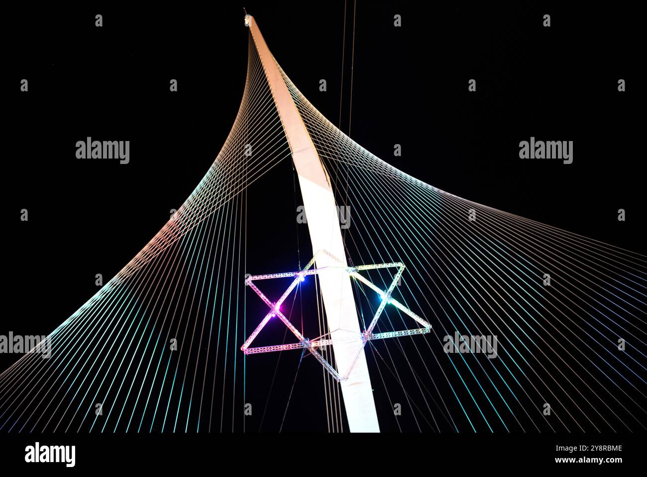 The landmark Bridge of Strings in Jerusalem illuminated at night with a ...