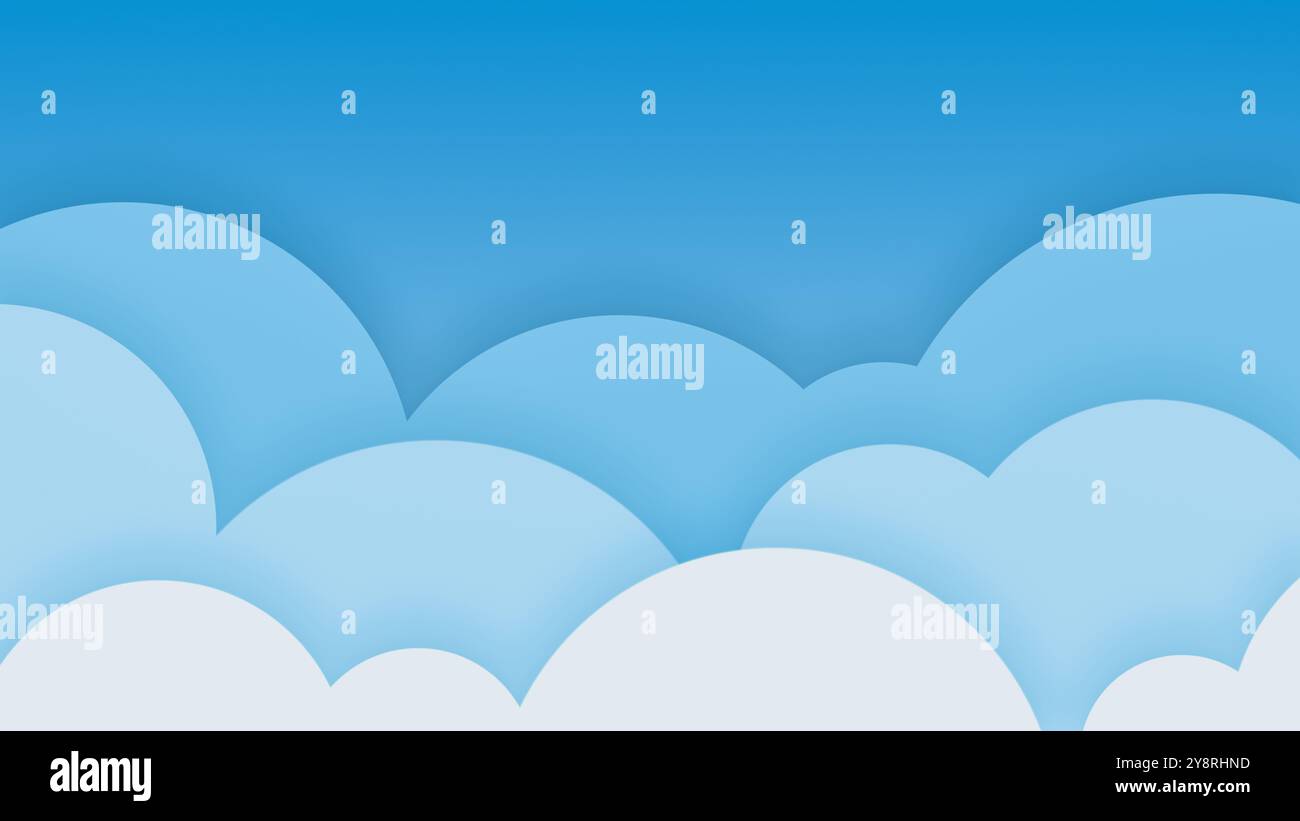 Blue sky with big light blue layered flat cartoon style clouds with ...