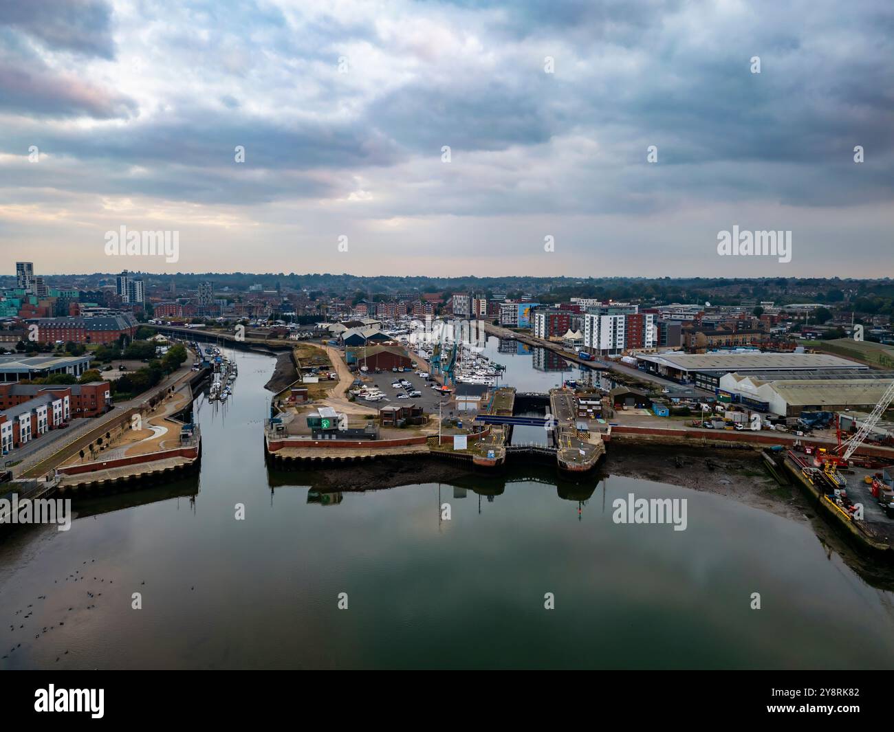 An aerial view looking towards the New Cut and Wet Dock in Ipswich ...