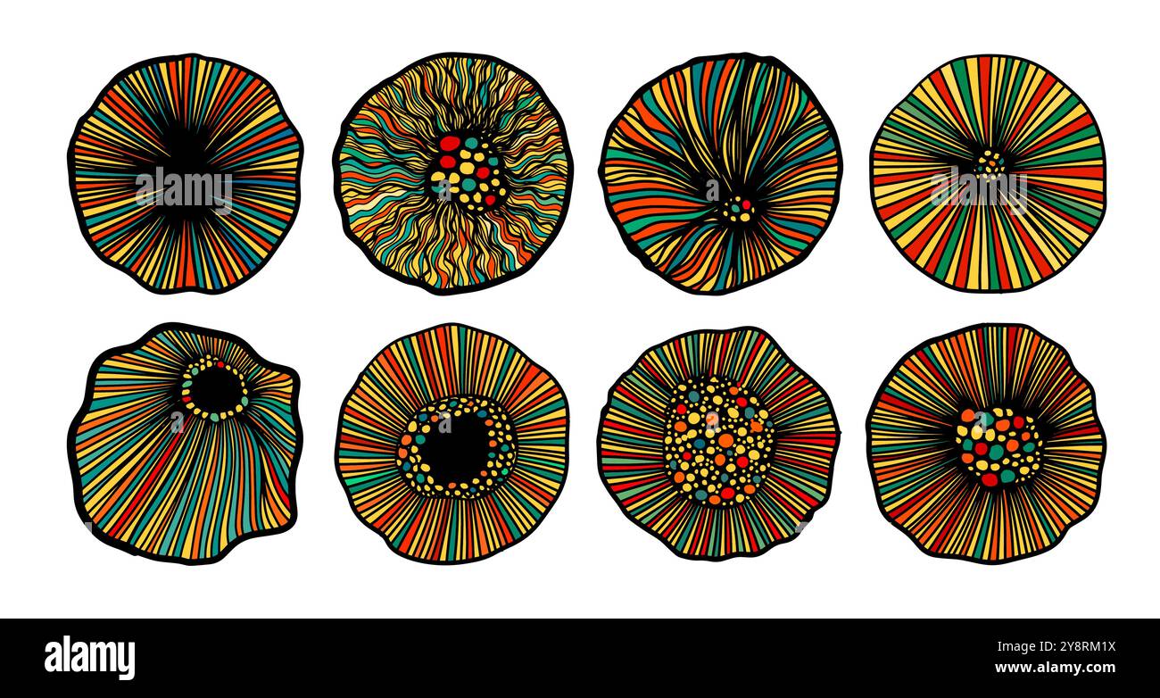 Set of round graphic elements. Graphic round flowers. Hatching. hand ...