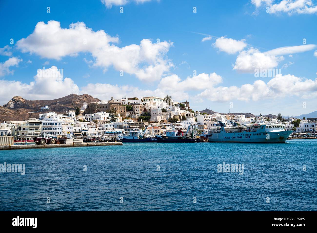 The port of Naxos, Cyclades Islands, landing place for many ships and ...
